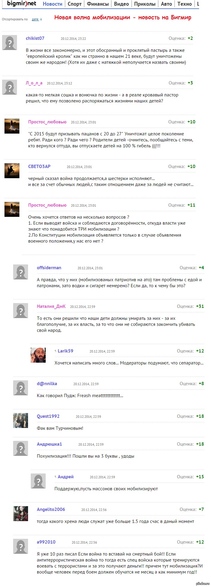 Часть комментарев пользователей украинского ресурса Bigmir.net к новости о новой мобилизации на ...